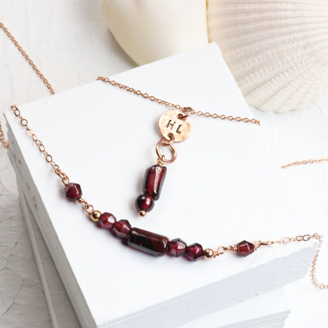 Custom Initial Necklace W/garnet, Rose Gold Initial Pendant Necklace ...