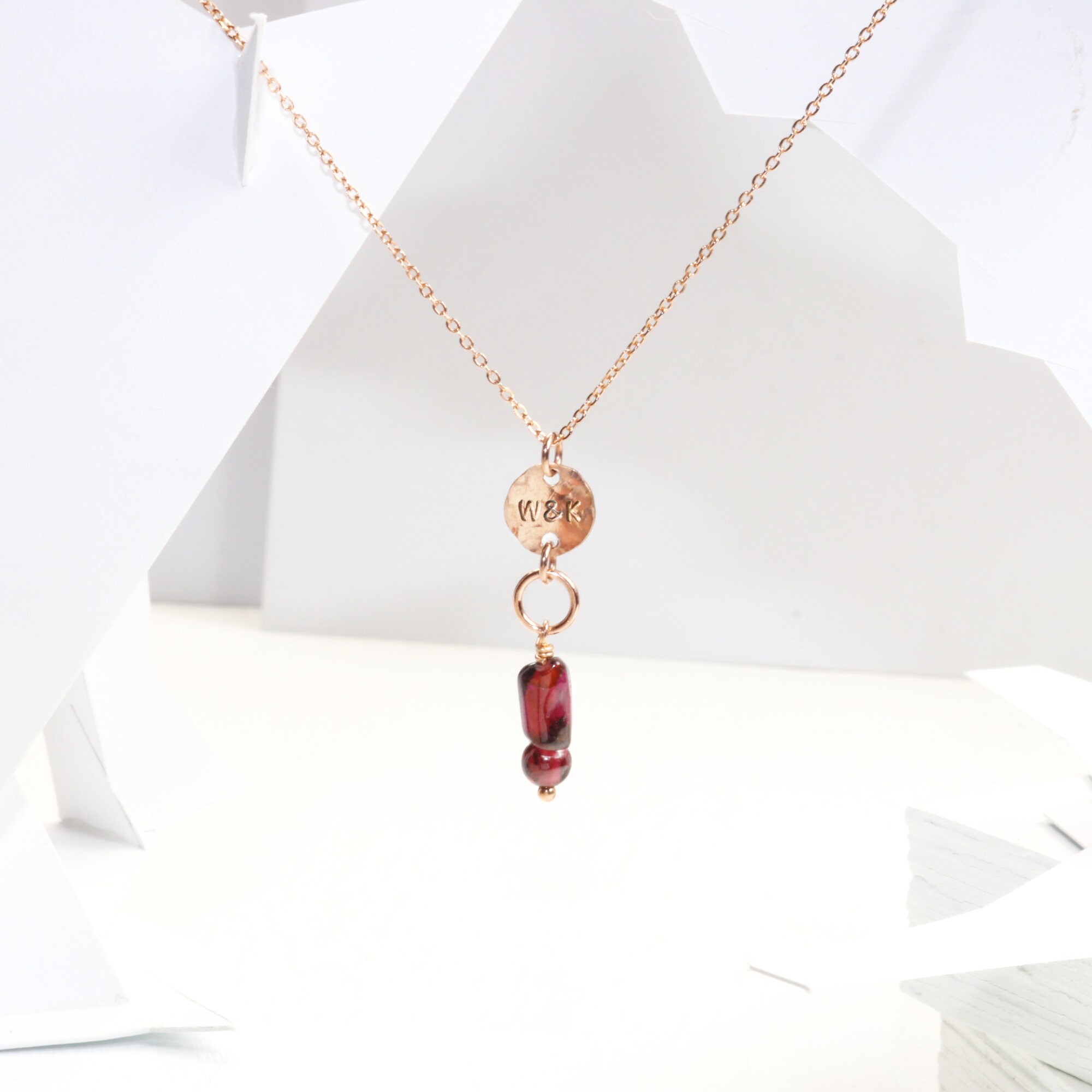 Custom Initial Necklace W/garnet, Rose Gold Initial Pendant Necklace ...
