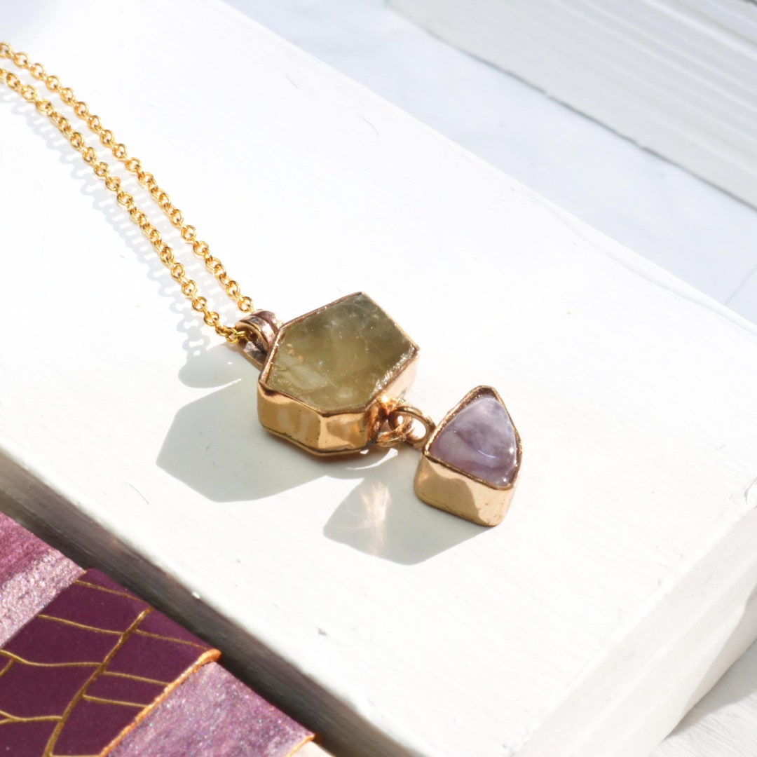 Raw Barite and Amethyst Pendant in 14K Gold Fill, Layering Necklace ...