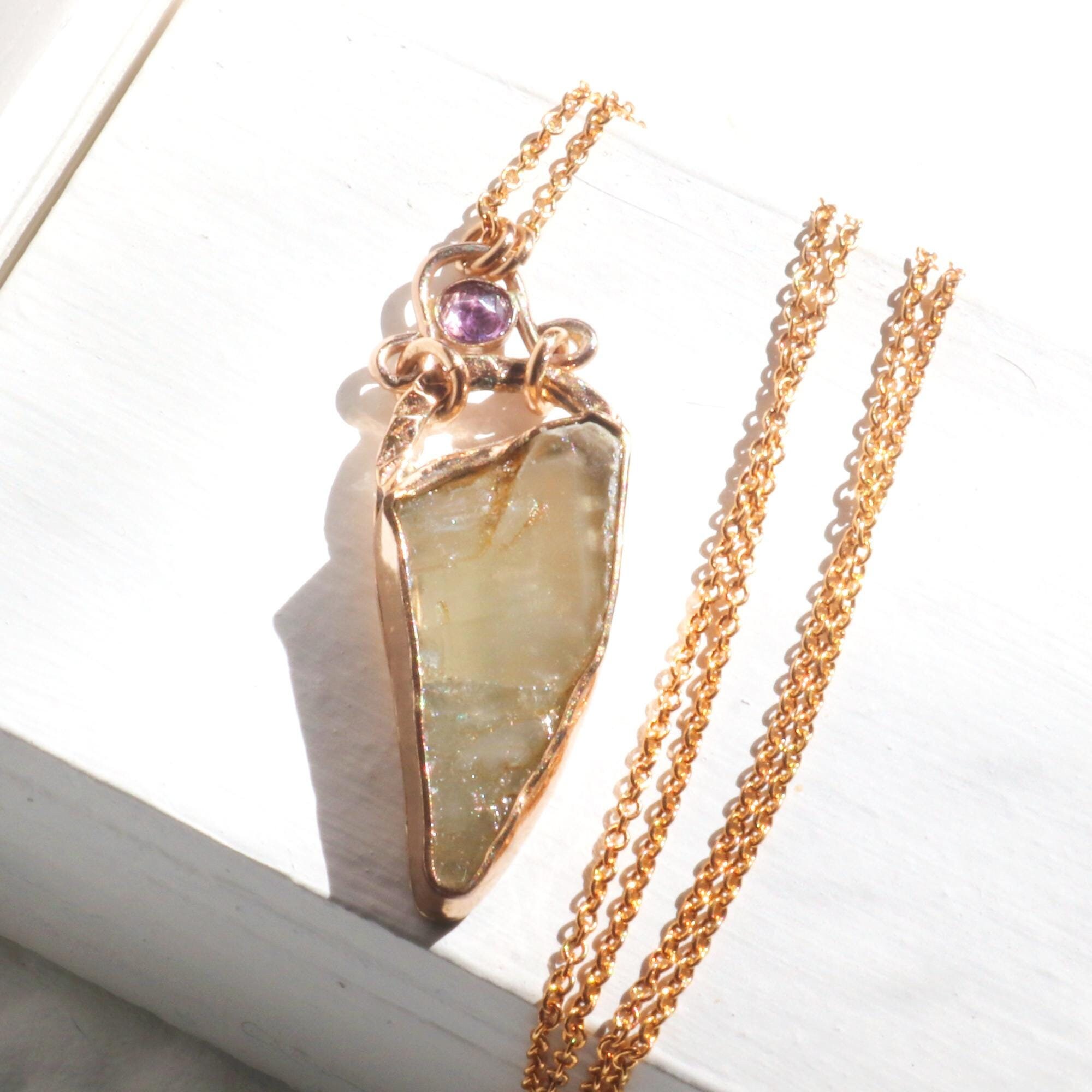 Raw Green Barite and Rhodolite Garnet Pendant, 14K Gold Fill Gemstone ...