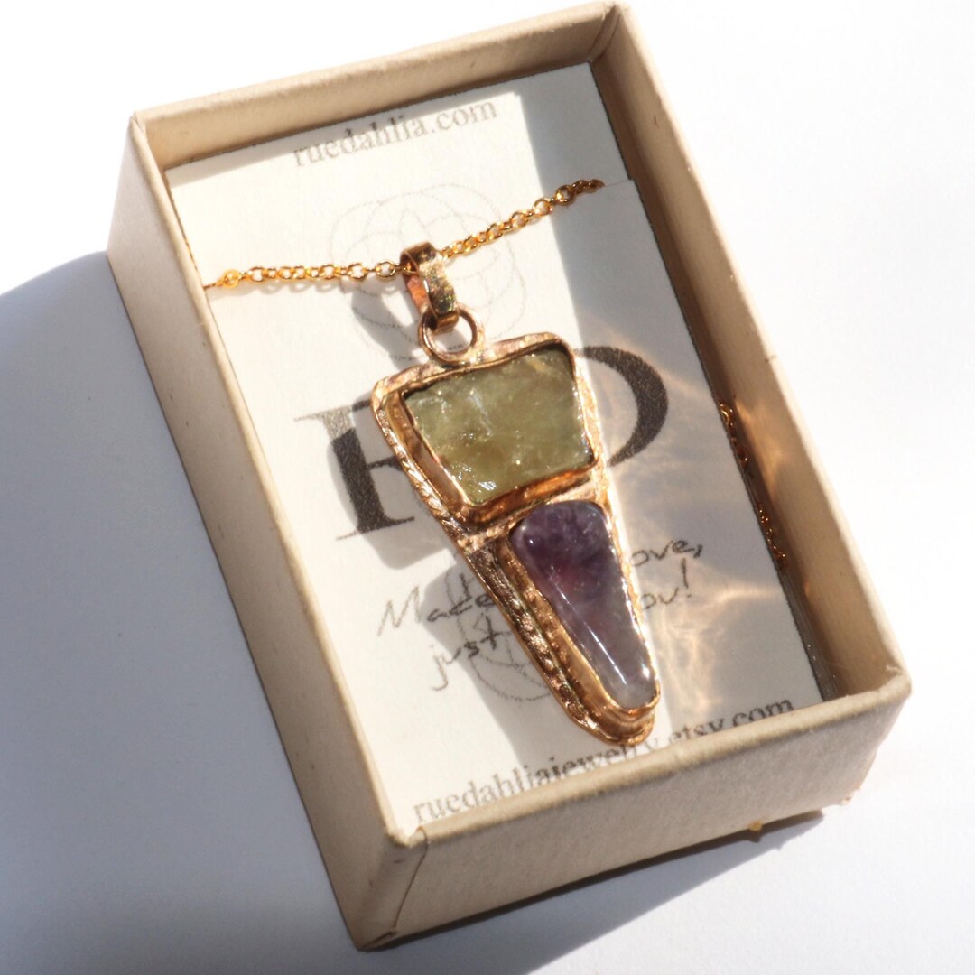 Raw Barite and Amethyst Crystal Pendant With Bezel Settings in 14K Gold ...