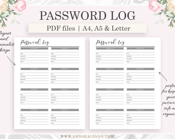 Password Tracker A4, A5, Letter and Half Letter Size Inserts. Printable ...