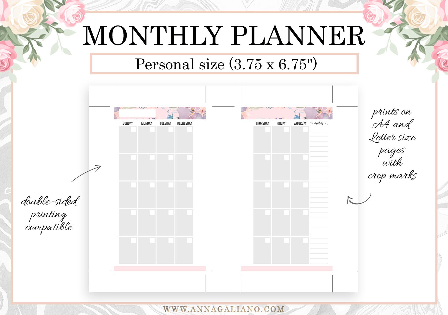 Month on Two Pages, Personal Planner Inserts, MO2P, Undated Monthly ...