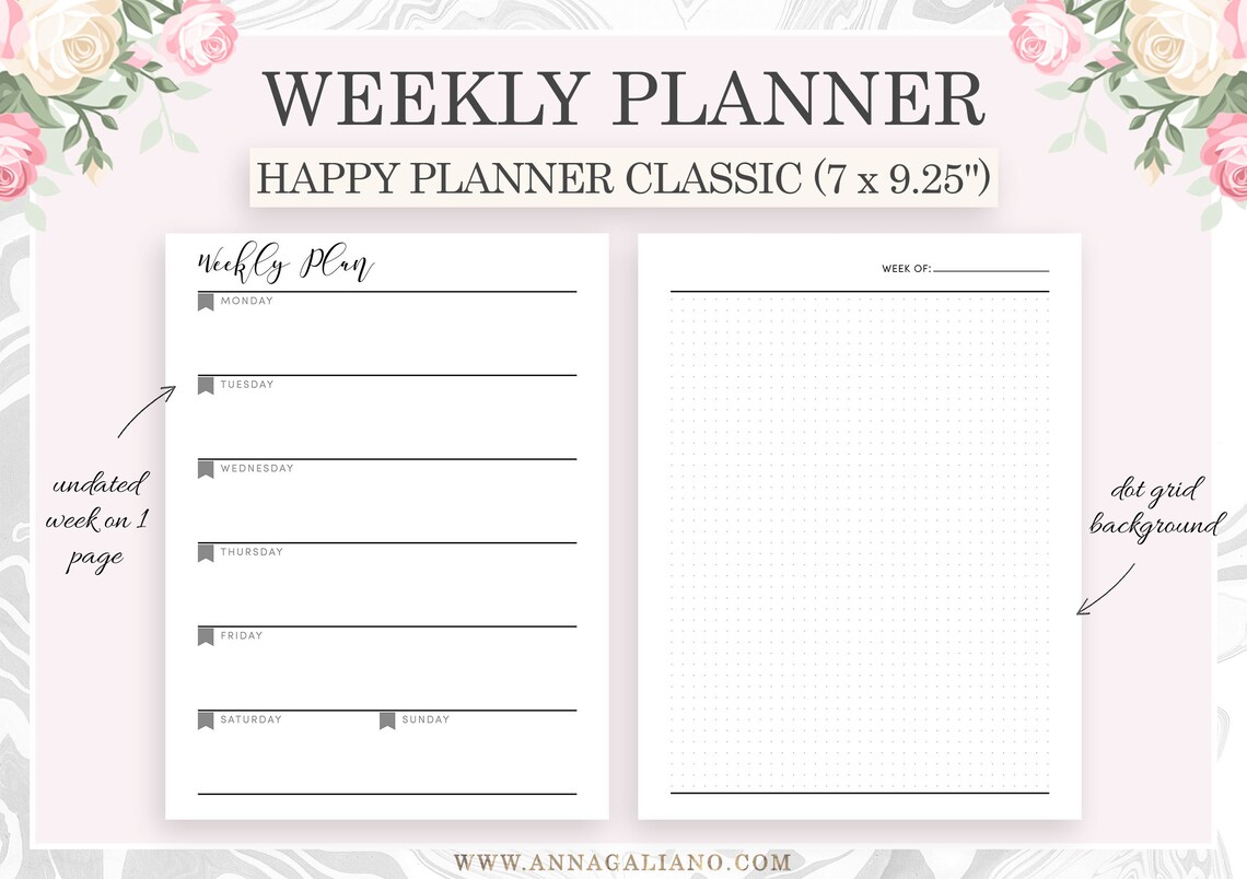 Weekly Planner Printable, Happy Planner Inserts Printable, Week on 1 ...