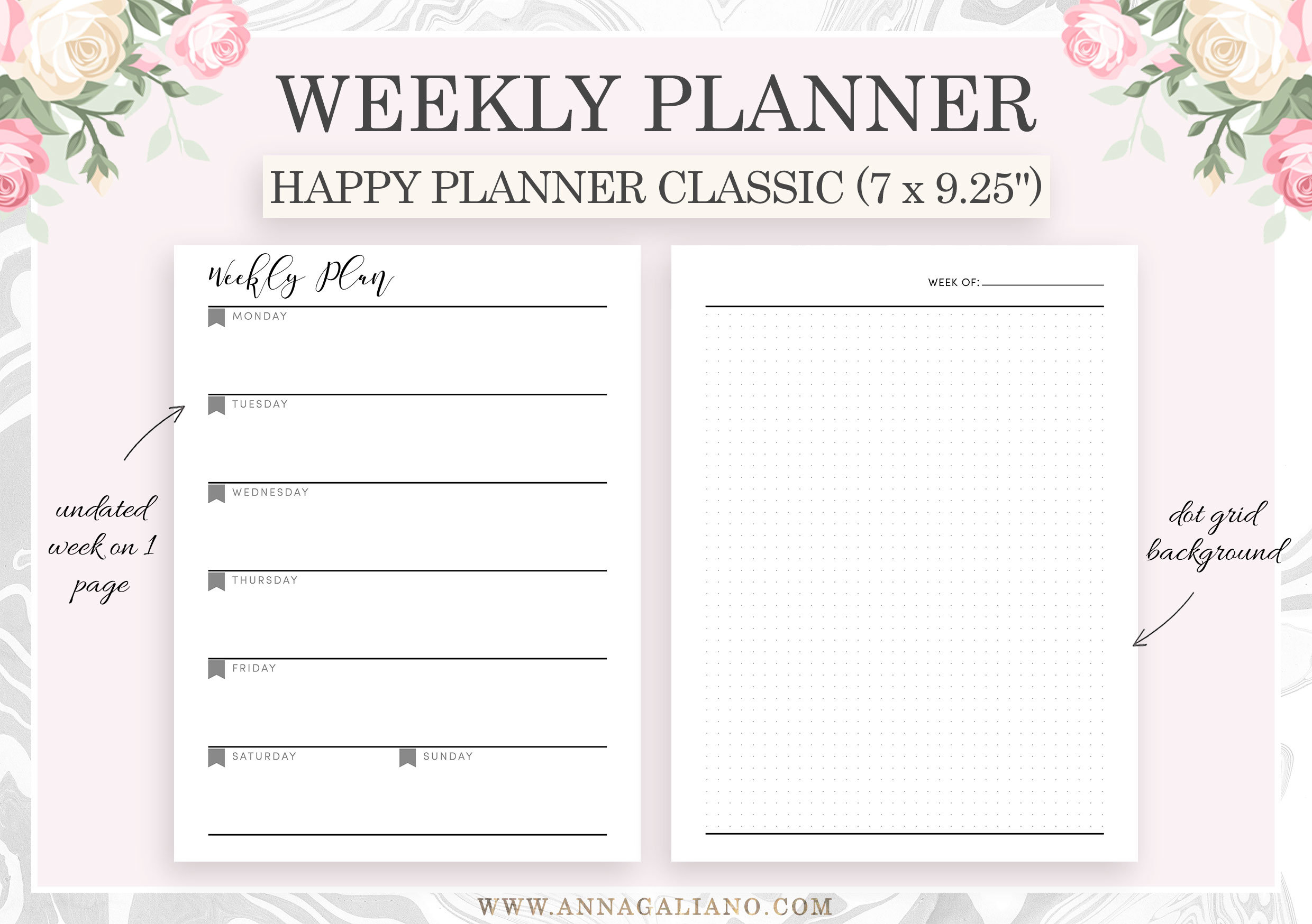 Weekly Planner Printable, Happy Planner Inserts Printable, Week on 1 ...