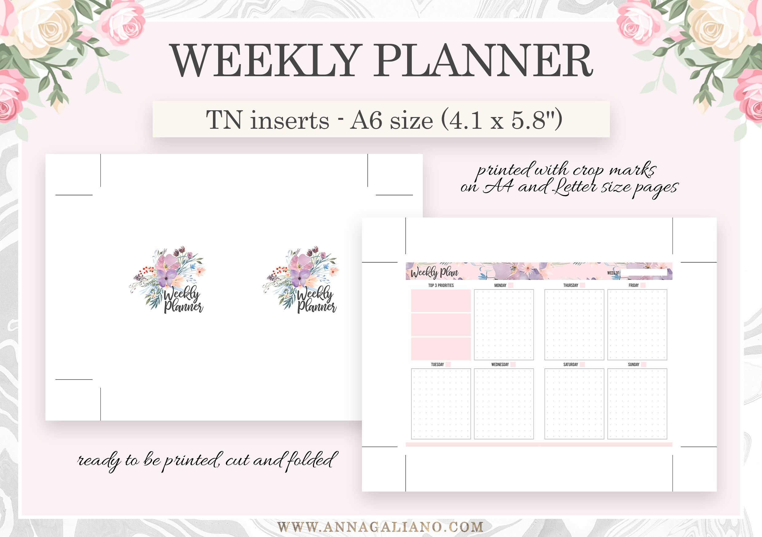 Weekly A6 Inserts TN, Weekly Planner Printable, Vertical WO2P, Printable Travelers Notebook ...