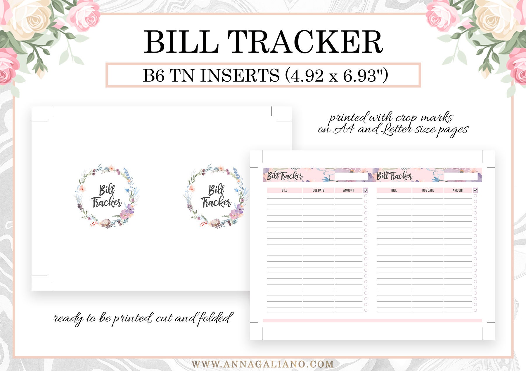 Bill Tracker Printable, B6 TN Inserts, Bill Checklist, Printable ...