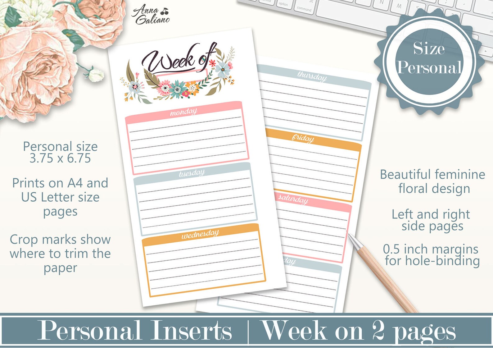 Personal Ring Planner Inserts, WO2P, Week on Two Pages, Undated Weekly ...