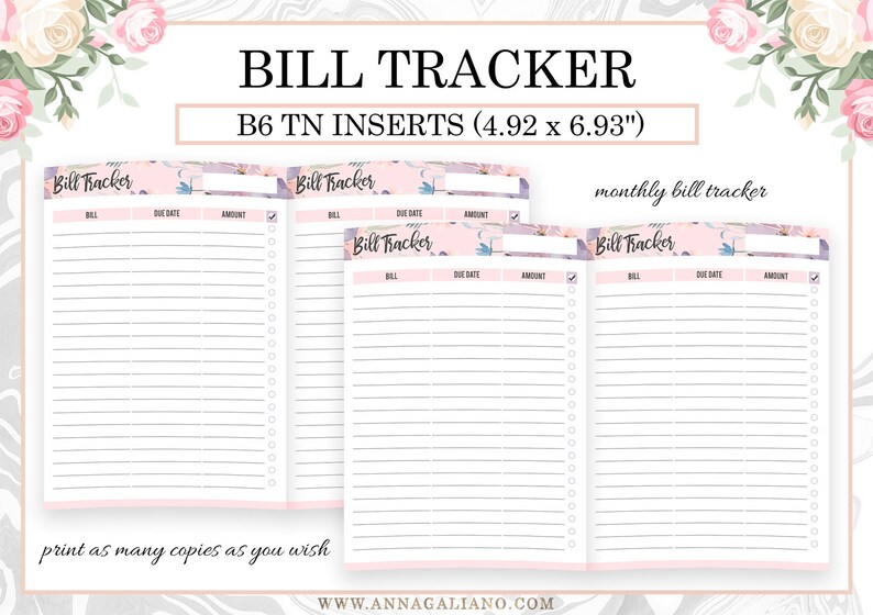 Bill Tracker Printable, B6 TN Inserts, Bill Checklist, Printable Travelers Notebook Inserts, B6 ...