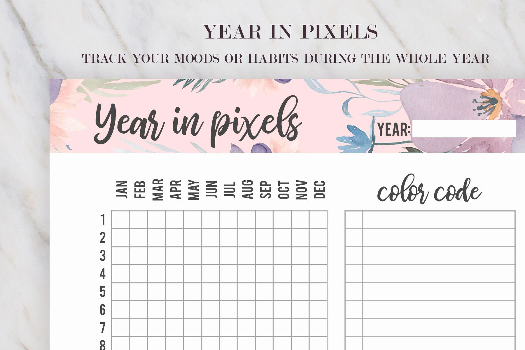 Year at a Glance, Year Overview, Year in Pixels Printable, A5 Planner ...