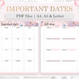 Planner Inserts Printable, Important Dates Calendar, Birthday Calendar ...