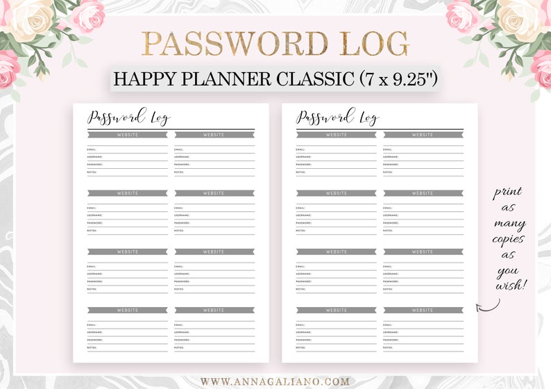 Password Keeper Printable, Happy Planner Classic Inserts, Password Log ...