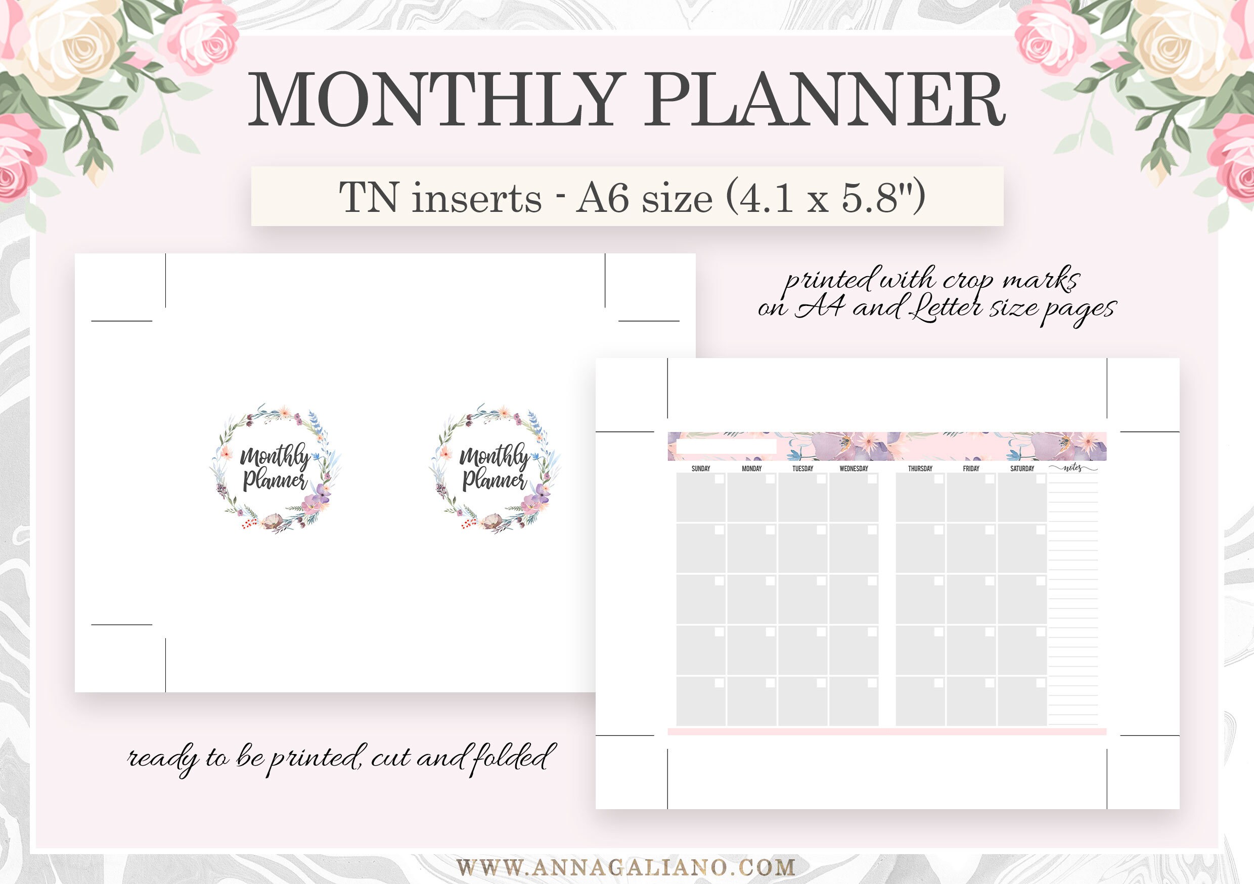 A6 Inserts TN Printable, Monthly Planner, Month on 2 Pages, Printable ...