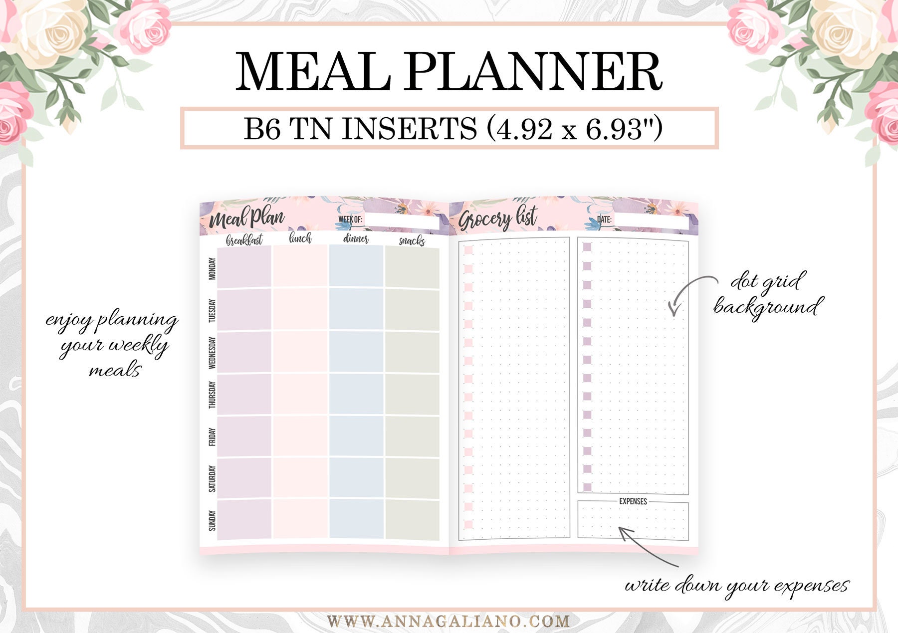 B6 TN Inserts, Printable Travelers Notebook Inserts, Weekly Meal ...