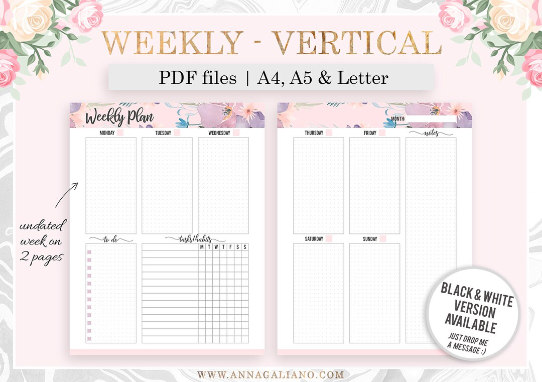Weekly Planner Printable, Week on Two Pages, A5 Planner Inserts, Weekly ...