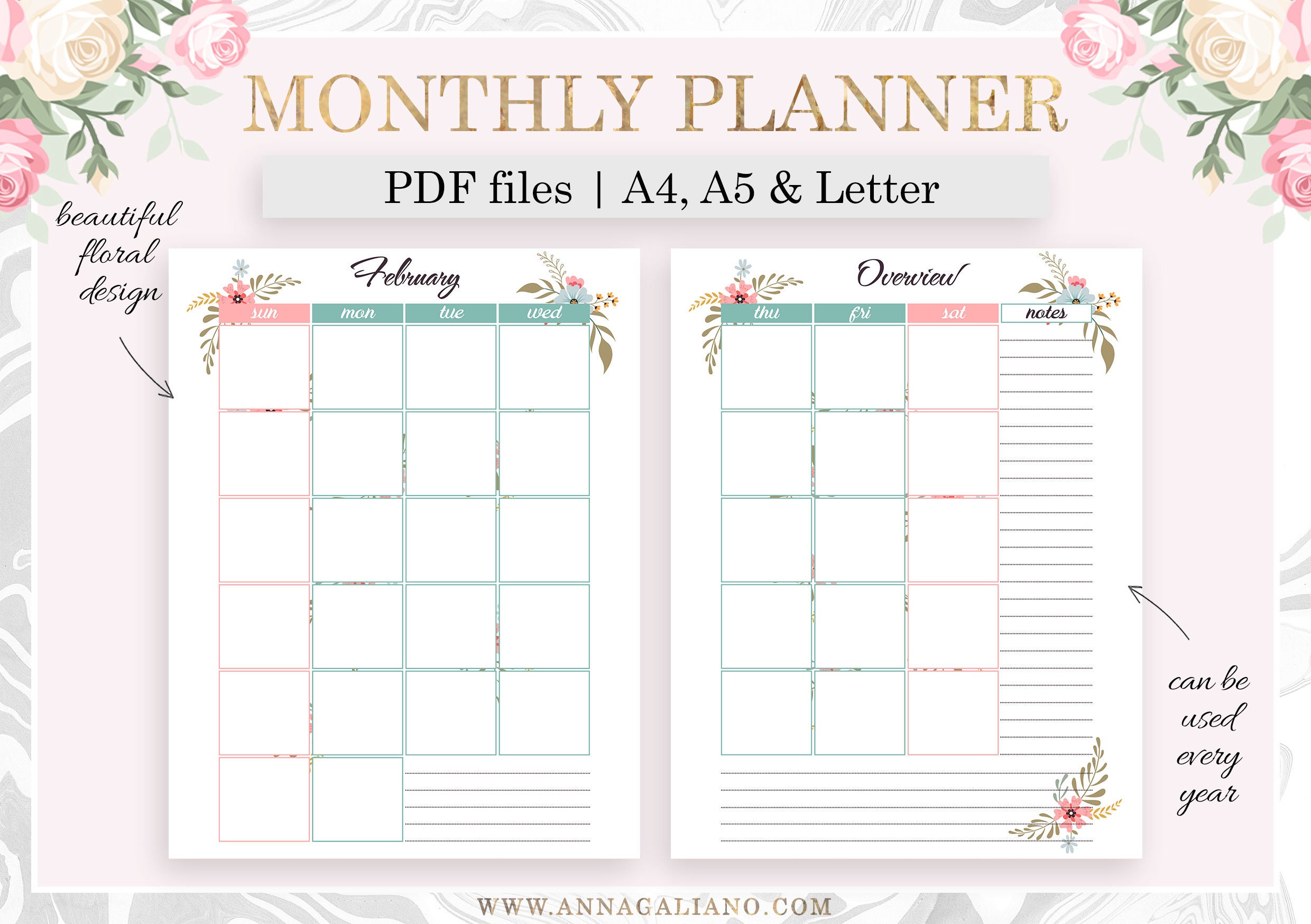 Monthly Planner Printable, Month on Two Pages, A5 Planner Inserts, MO2P ...
