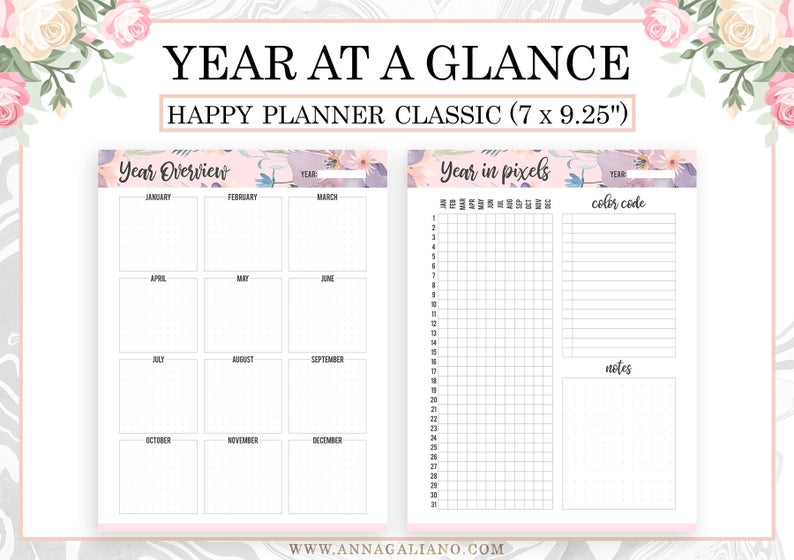 Happy Planner Year at a Glance, Happy Planner Inserts Printable, Year ...