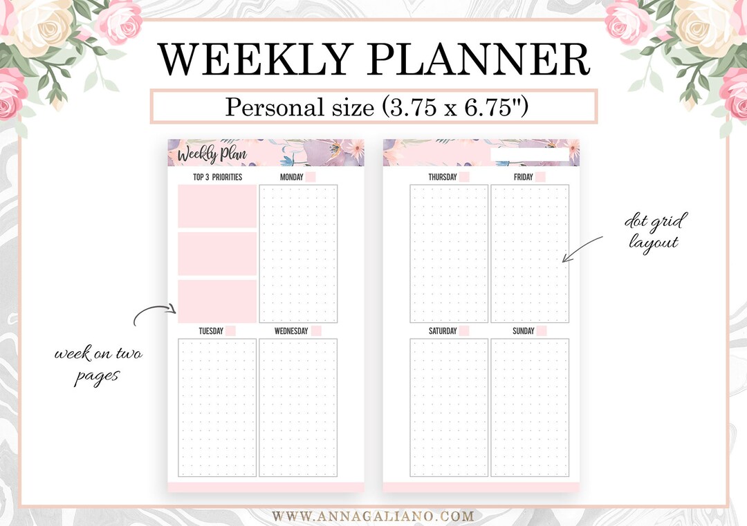 Personal Weekly Planner Insert Printable, Undated Week on Two Pages ...