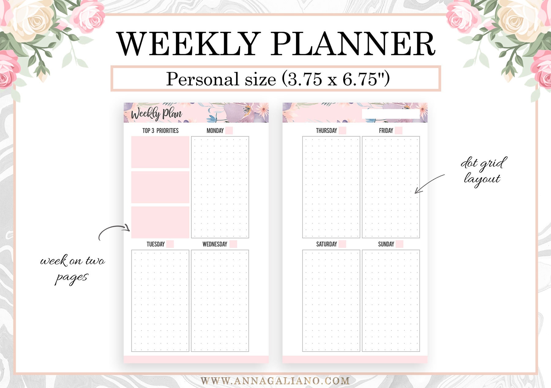 Personal Weekly Planner Insert Printable, Undated Week on Two Pages ...
