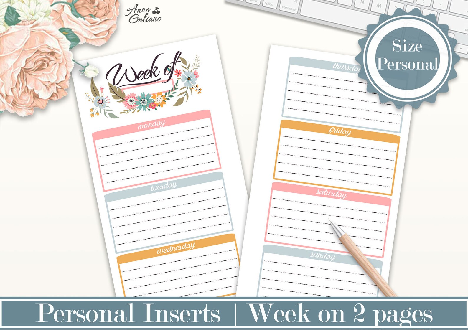 Personal Ring Planner Inserts, WO2P, Week on Two Pages, Undated Weekly ...