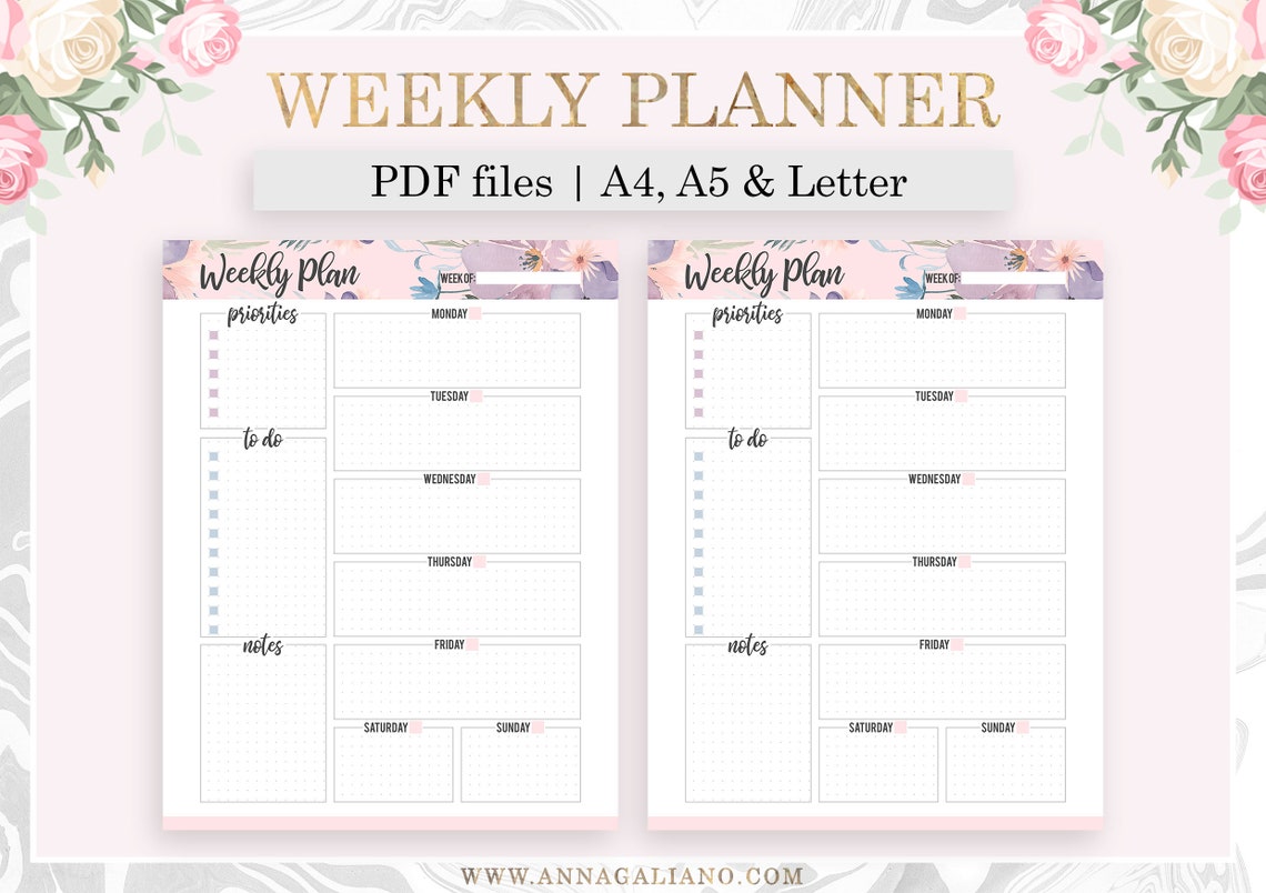Weekly Planner Printable, Weekly Inserts, Undated Weekly Pages, Week on ...
