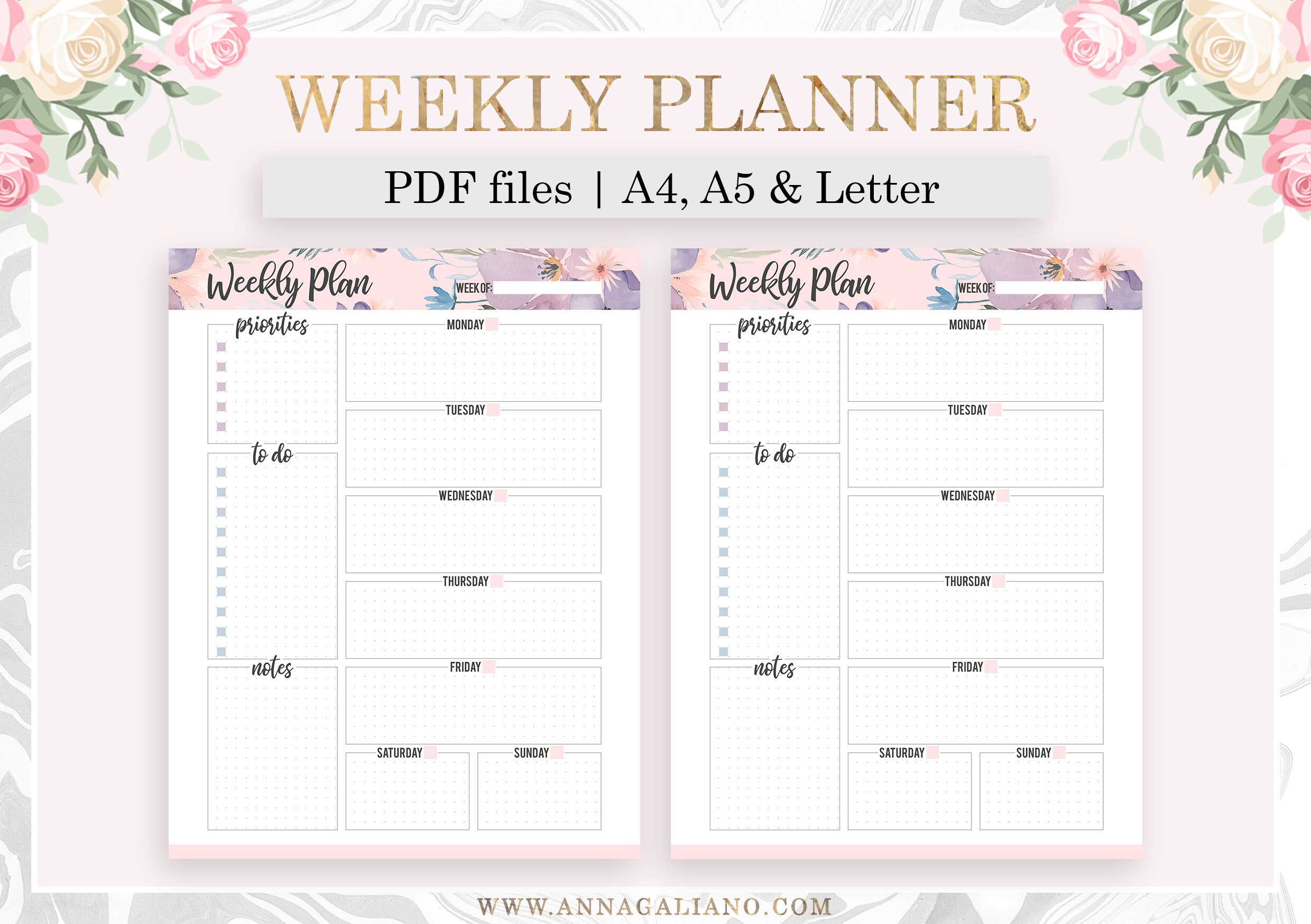 Weekly Planner Printable, Weekly Inserts, Undated Weekly Pages, Week on ...