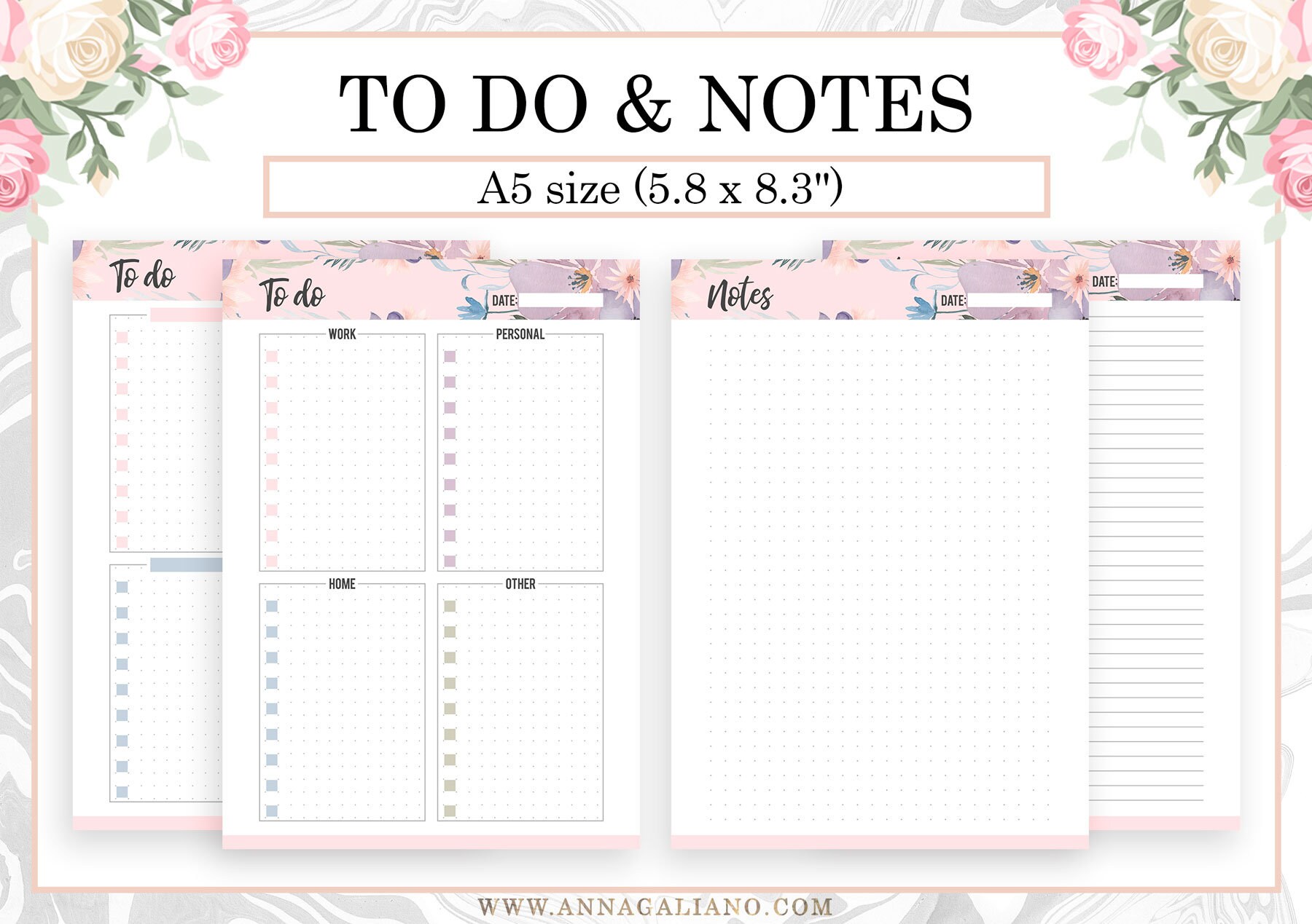 A5 To Do list Printable A5 Notes Pages Daily to do Dot Grid | Etsy