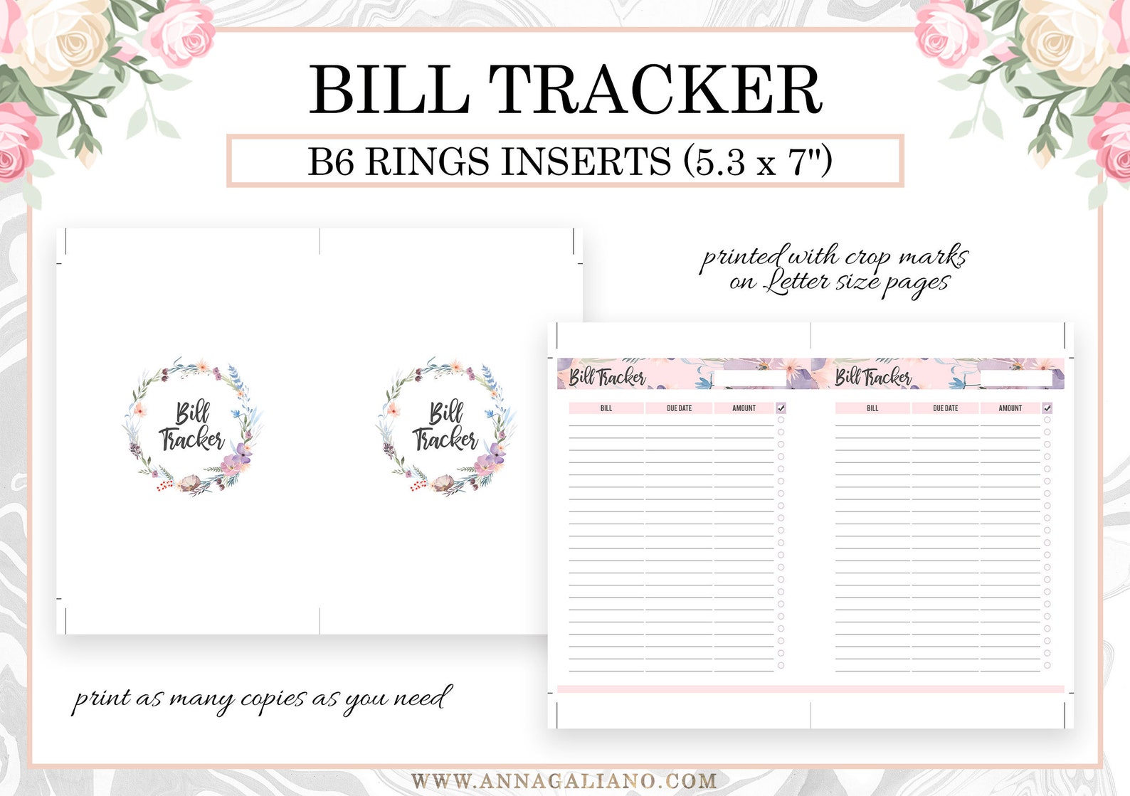 B6 Rings Inserts, Bill Tracker Printable, B6 Rings Budget, Bill Checklist, B6 Rings Printable ...
