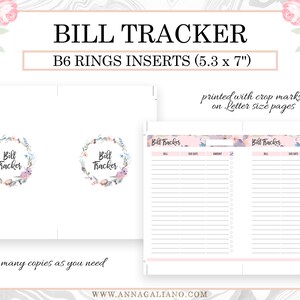 B6 Rings Inserts, Bill Tracker Printable, B6 Rings Budget, Bill Checklist, B6 Rings Printable ...