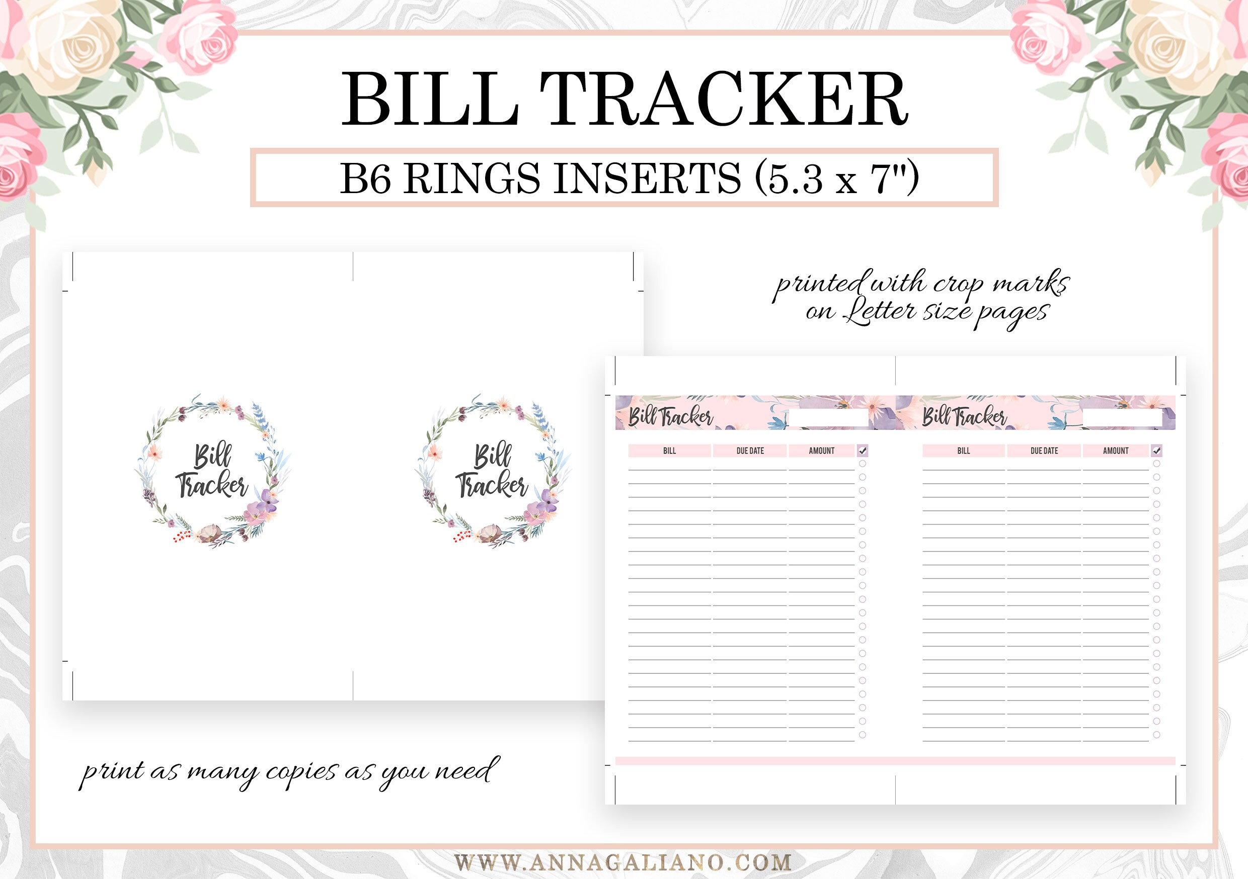 B6 Rings Inserts, Bill Tracker Printable, B6 Rings Budget, Bill Checklist, B6 Rings Printable ...