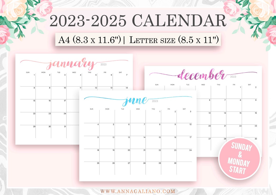Wall Calendar Printable, 2023, 2024, 2025 Printable Calendar ...
