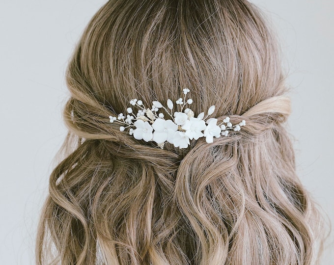 Gold Flower Wedding Hair Comb, Ceramic Floral Bridal Comb, Spring ...