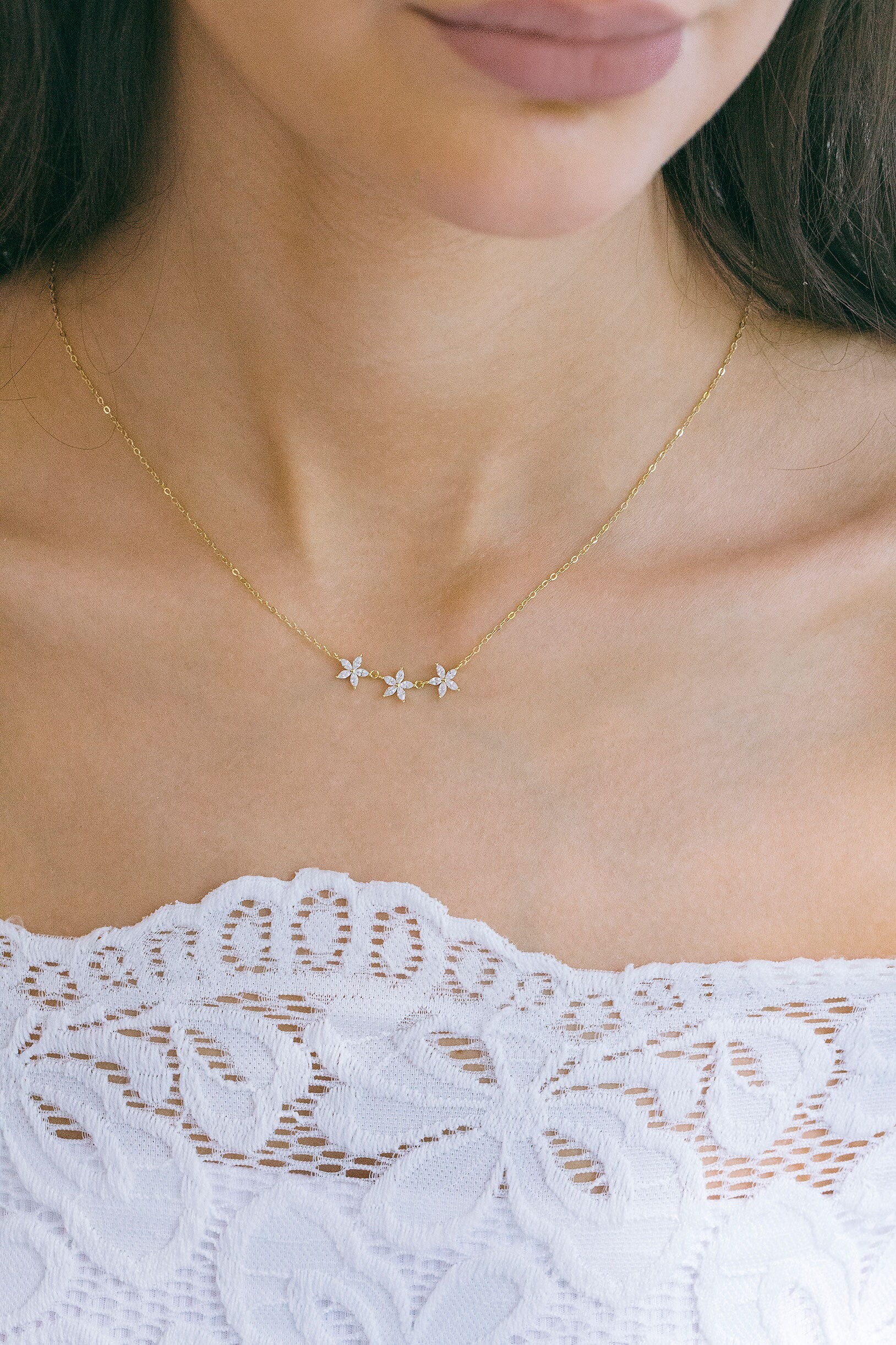 Flower Crystal Necklace Wedding Simple Necklace Sterling - Etsy