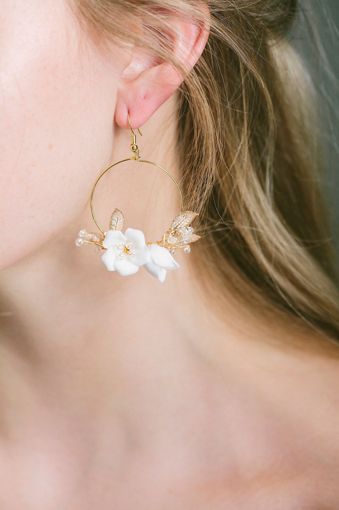 Bridal Flower Statement Earrings, Clay Floral Hoop Earrings, Prom ...
