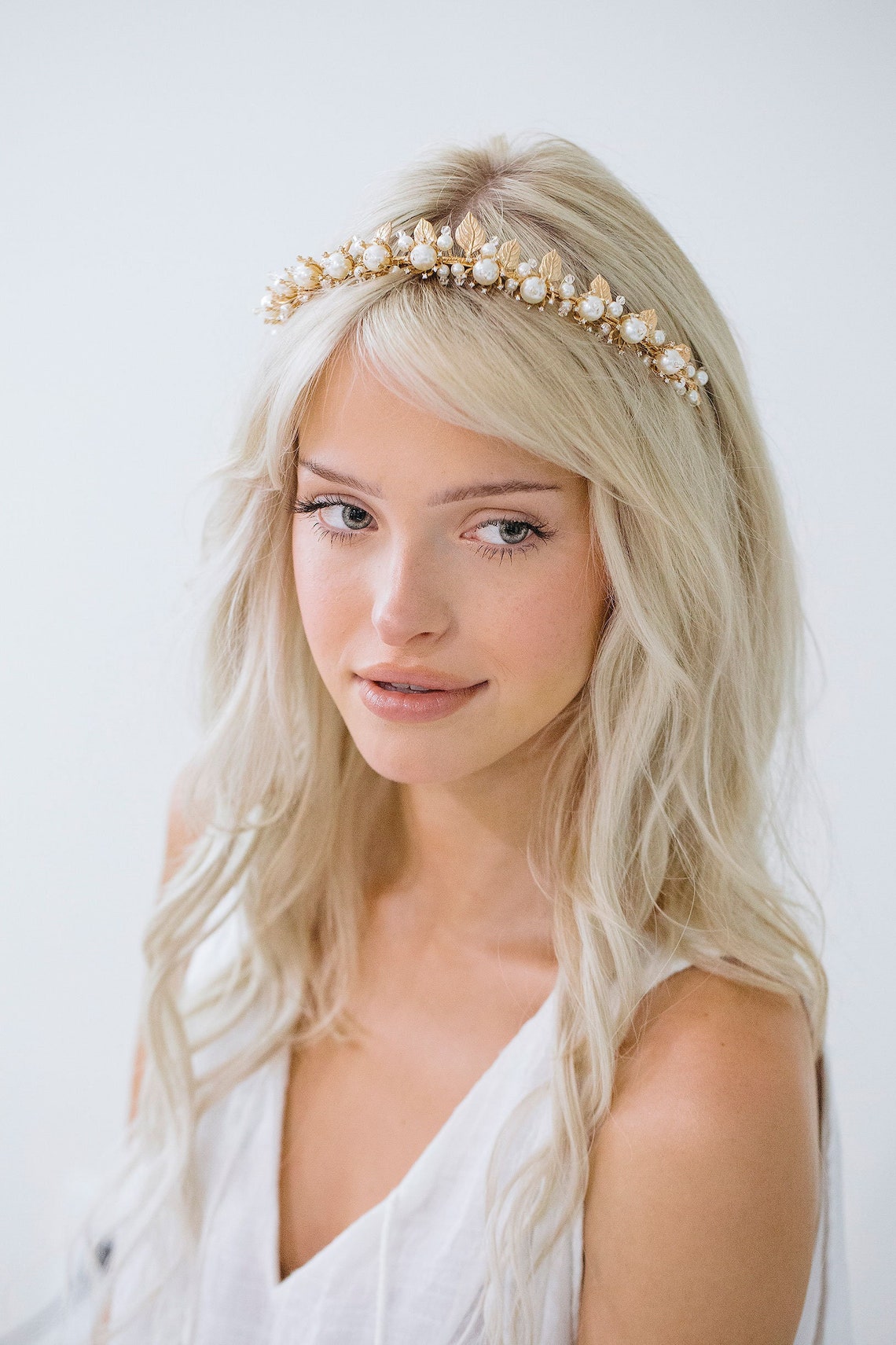 Gold Grecian Leaf Pearl Crown Headband, Nature Inspired Headband, Gold ...