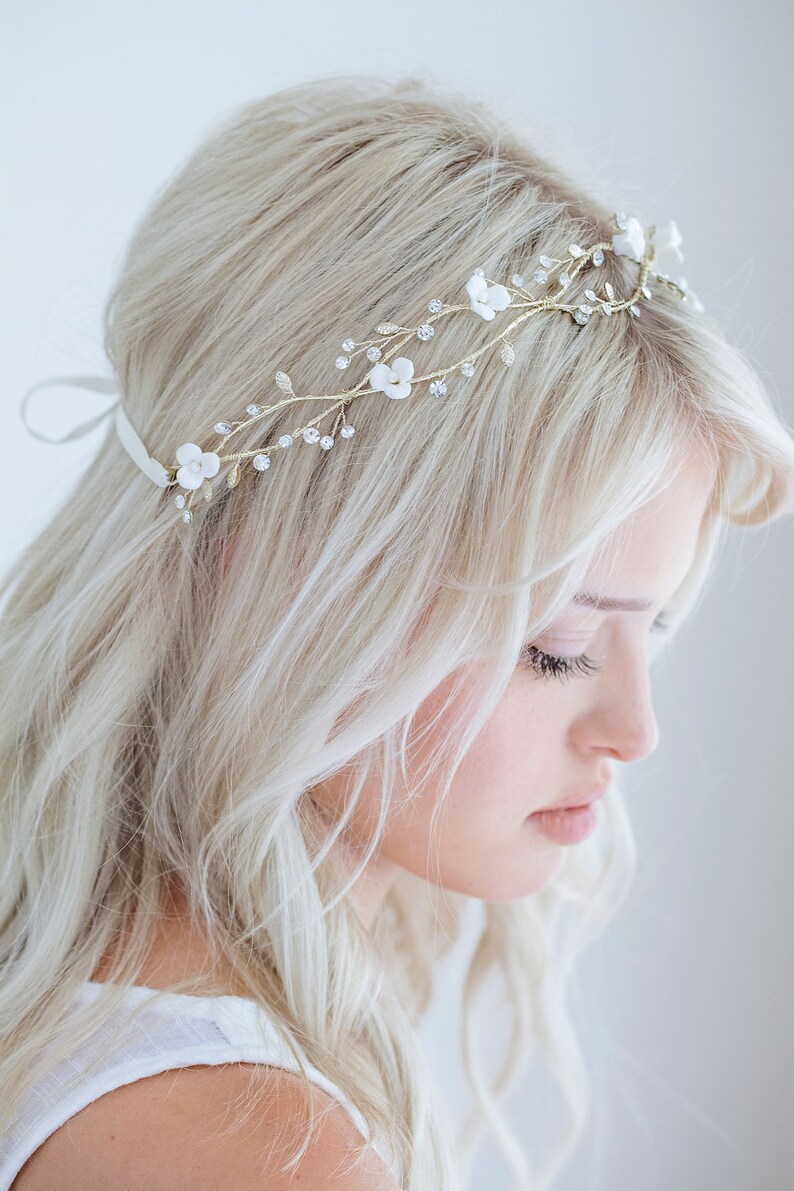 Gold Floral Crystal Hair Vine, BOHO Flower Hair Vine, Gold Leaf Hair ...