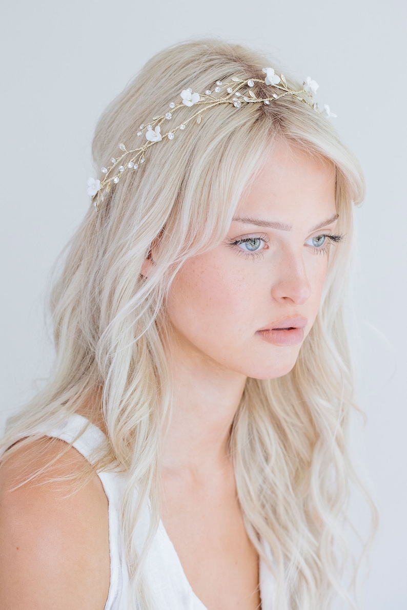 Gold Floral Crystal Hair Vine, BOHO Flower Hair Vine, Gold Leaf Hair ...