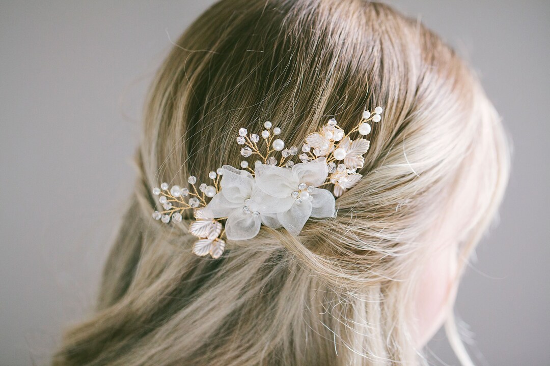 Bridal Silk Flower Side Hair Comb, Gold Pearl Hair Comb, Bridal Flower ...