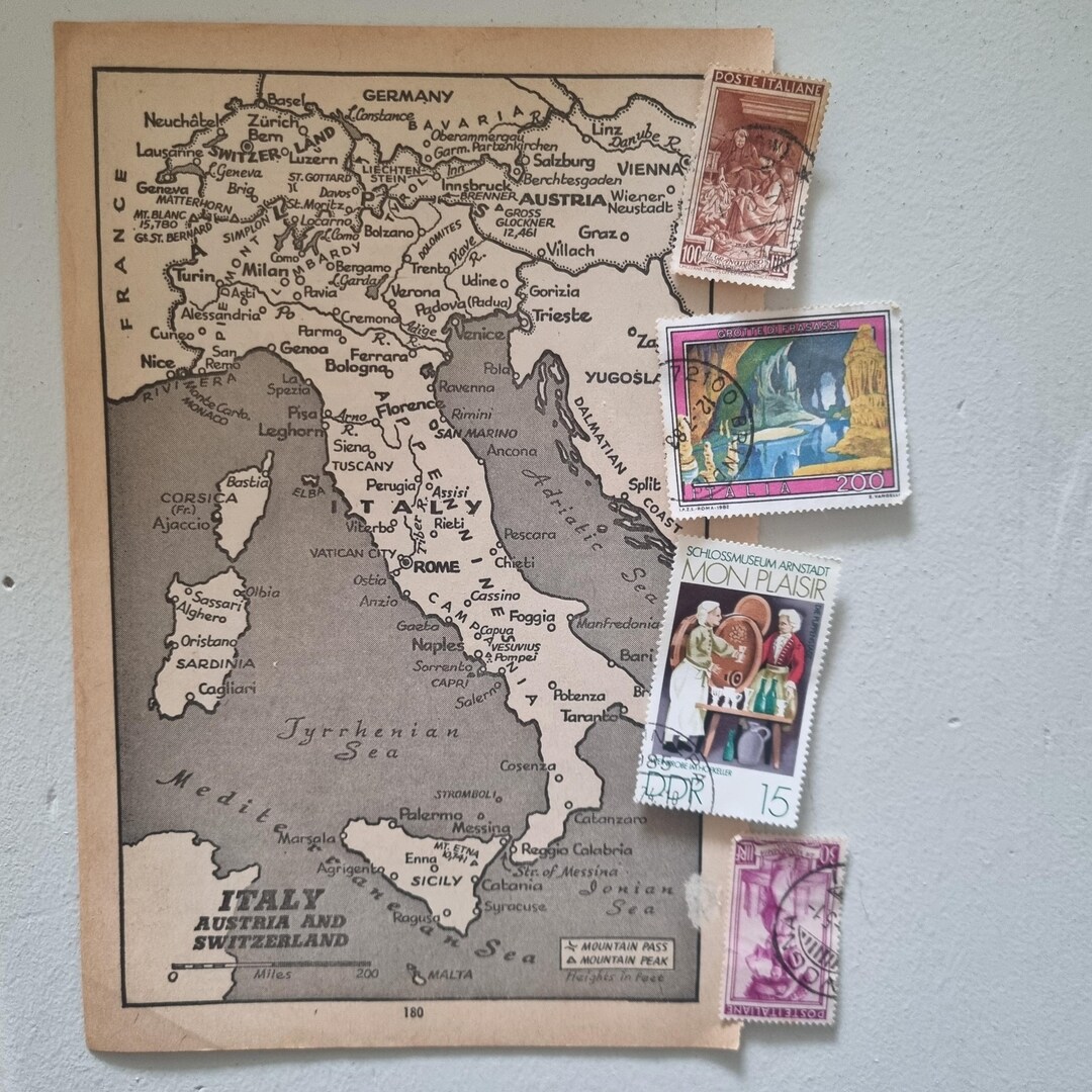 Vintage Italian Map and Postage Stamps Ephemera Pack for Travel Junk ...