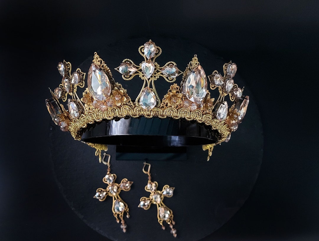 Gold Wedding Crown With Cross: Champagne Crystal Bridal Tiara - Etsy