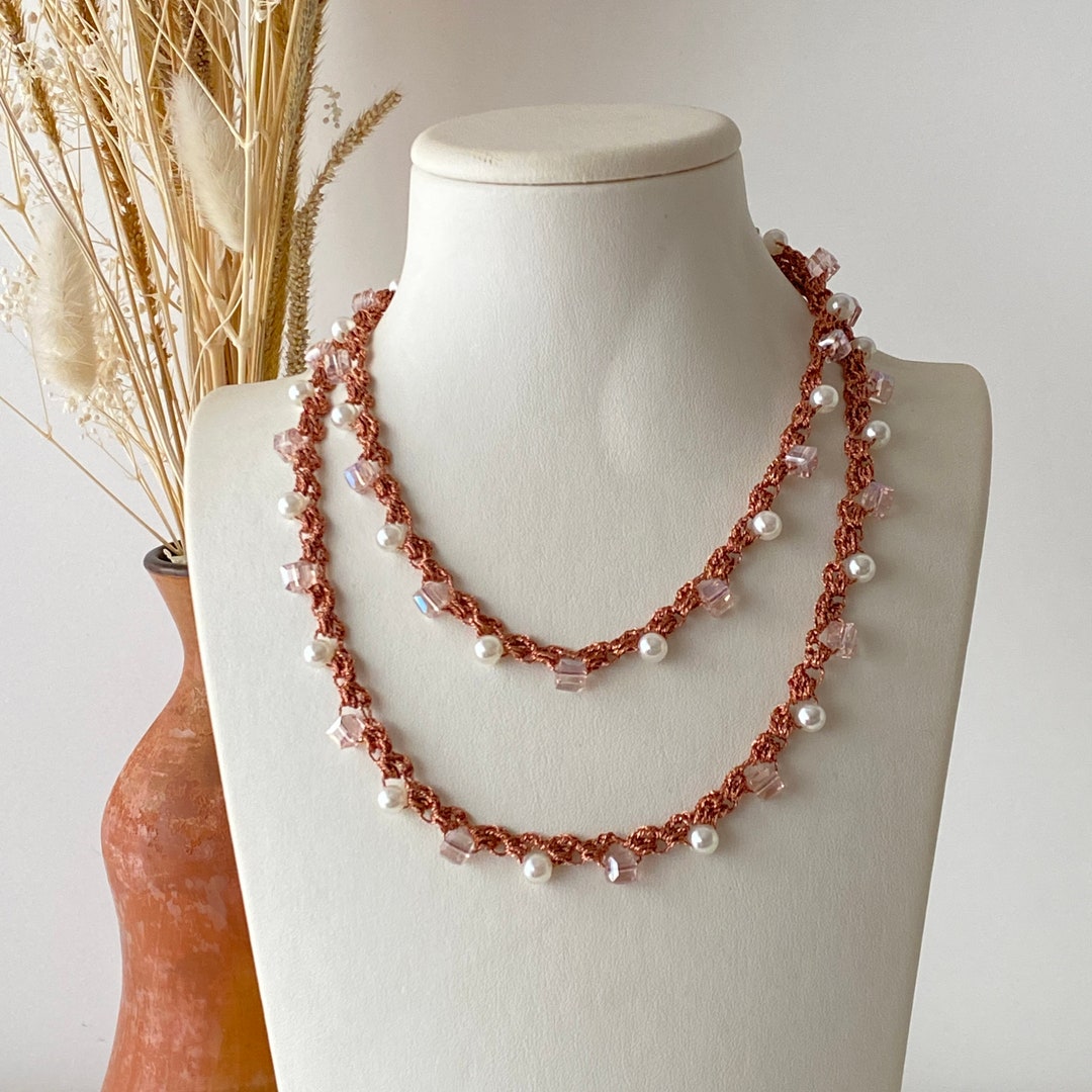 Long Necklace for Women, Bronze Lurex Yarn, Double Wrap Choker ...