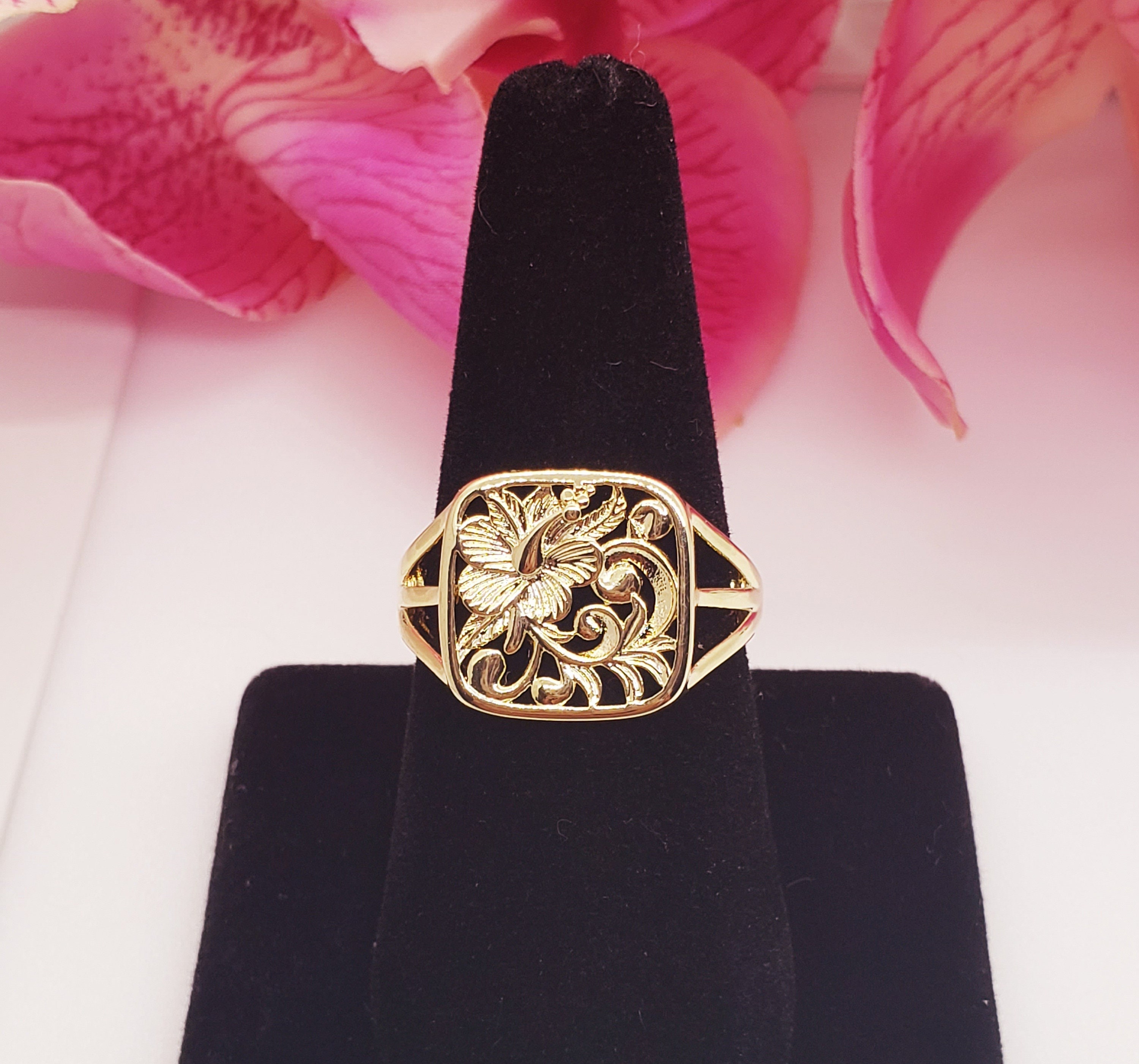 Gold Square Hawaiian Heirloom Hibiscus Ring - Hawaiian Ring - Gold Ring ...