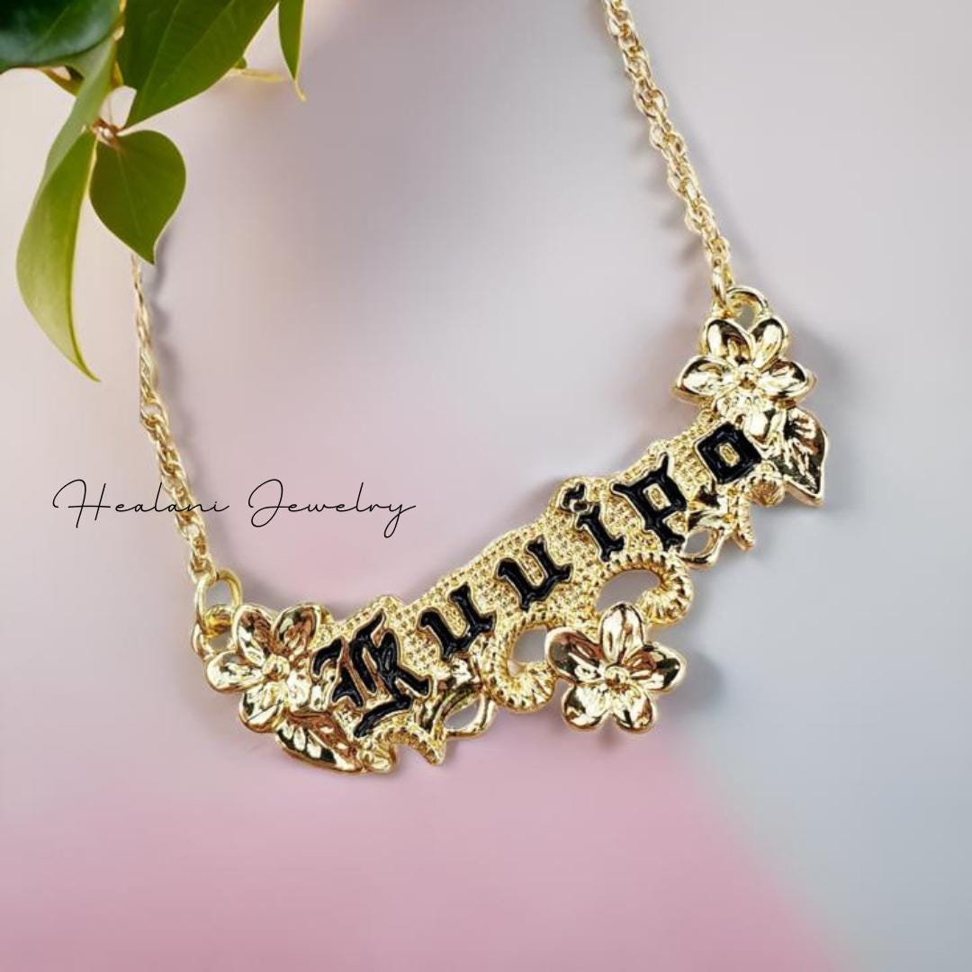 Kuuipo Nameplate Necklace - Gold Hawaiian Floral Necklace - Hawaiian ...