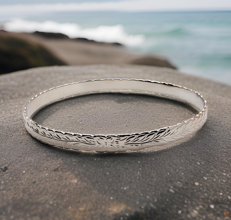 6mm Silver Hawaiian Maile Bangle Bracelet - Hawaiian Jewelry - Beach ...