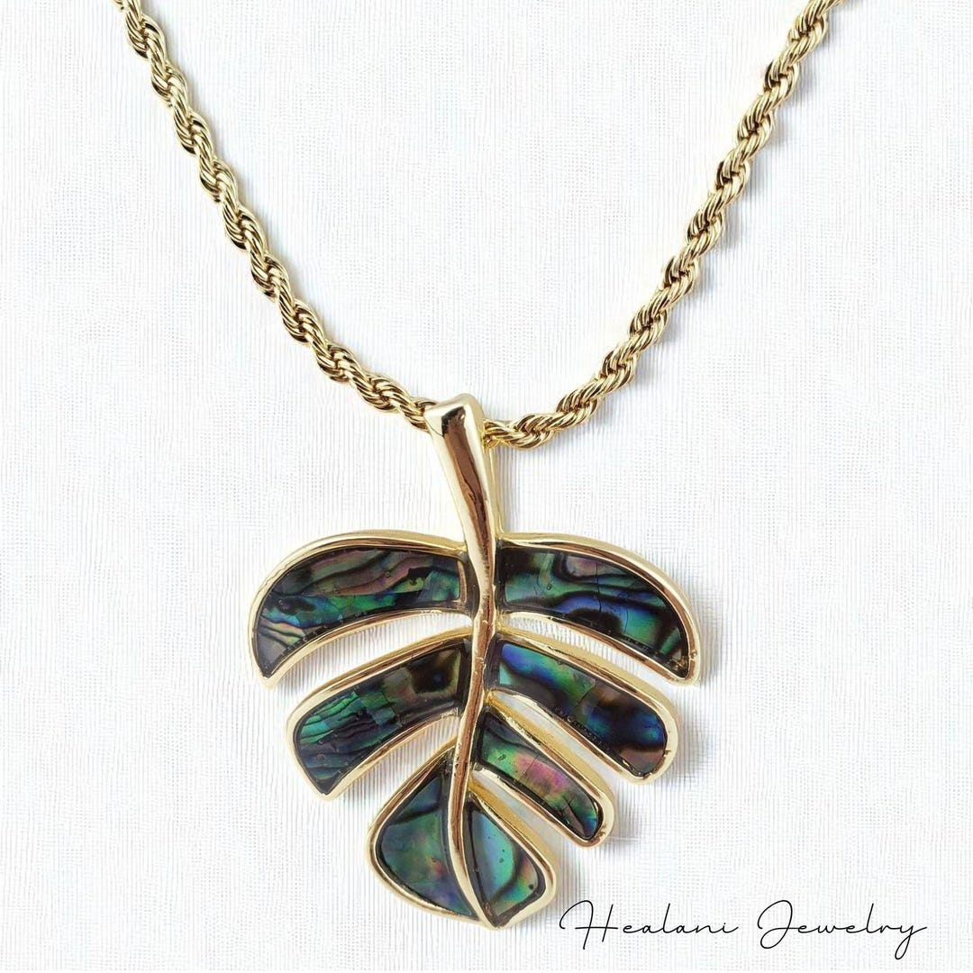 Monstera Leaf Abalone Shell Necklace - Hawaiian Necklace - Floral ...