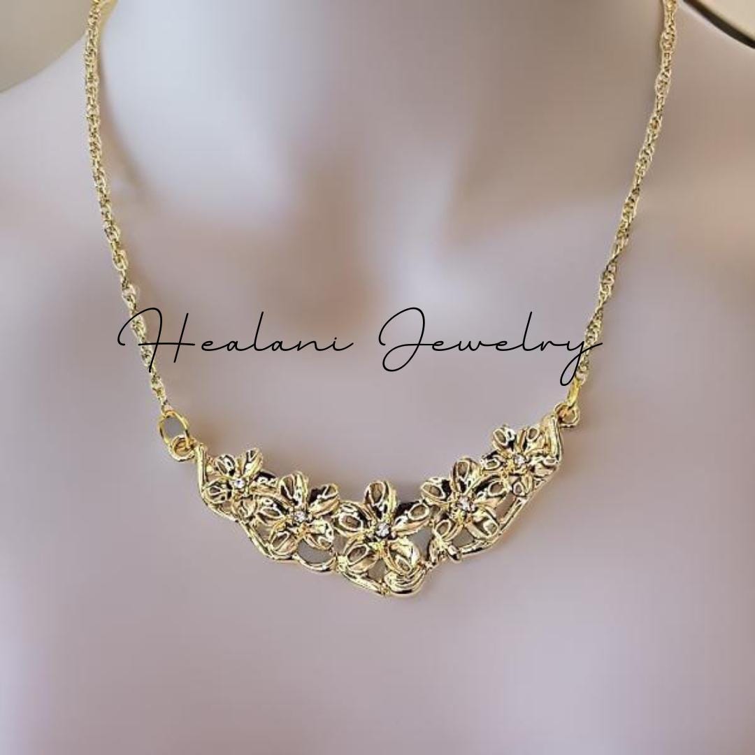 Plumeria Lei Necklace - Gold Hawaiian Floral Necklace - Hawaiian ...