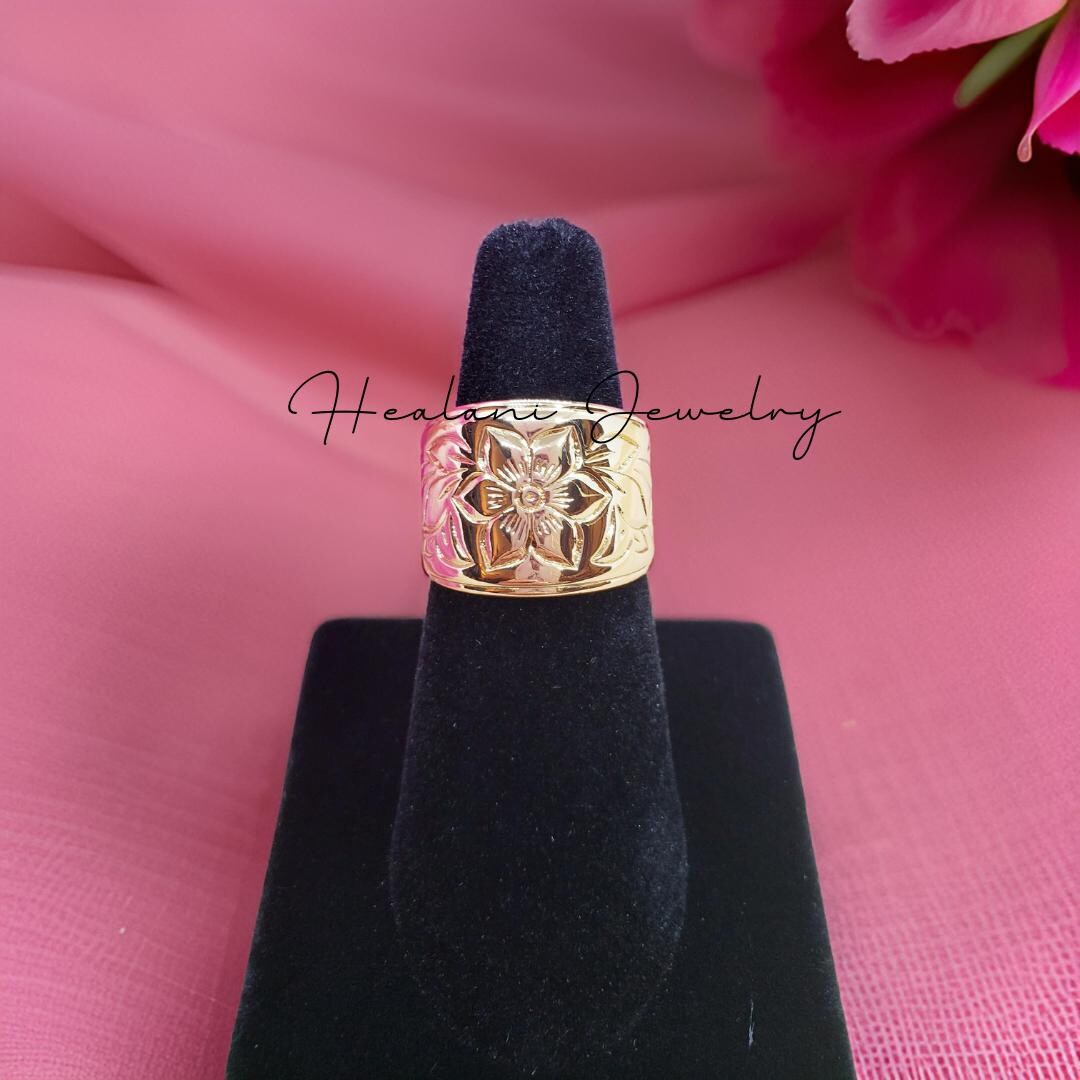16mm Tapered Hawaiian Floral Ring - Hawaiian Ring - Gold Ring ...
