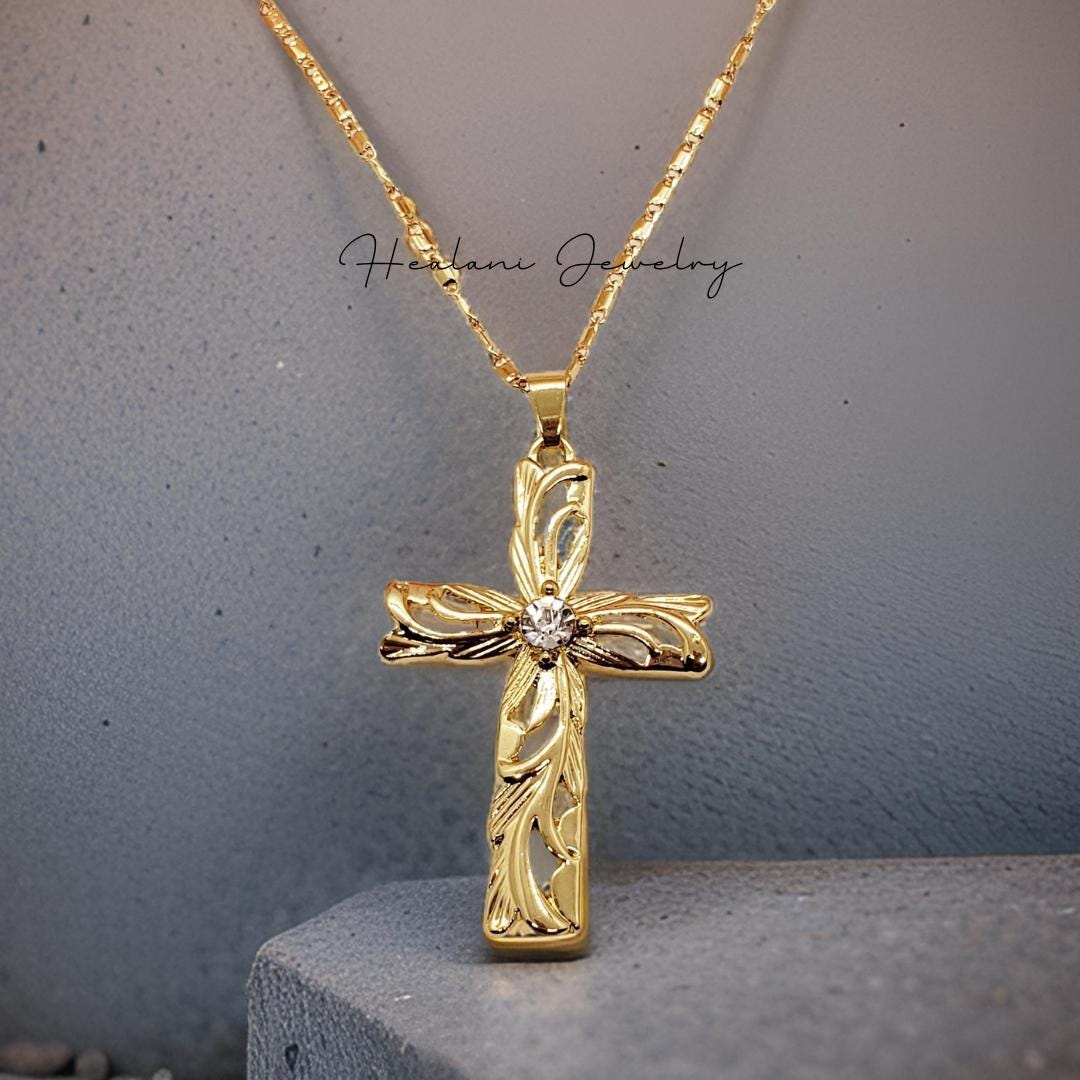 Hawaiian Heirloom Cross CZ Necklace - Hawaiian Necklace - Floral ...