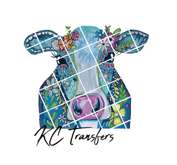 Watercolor Cow Blue FLoral Sublimation Transfer Ready to Press | Etsy