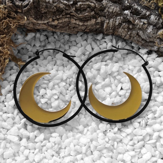 Half Moon Hoops Black and Goldcolored Hoops With a Crescent - Etsy
